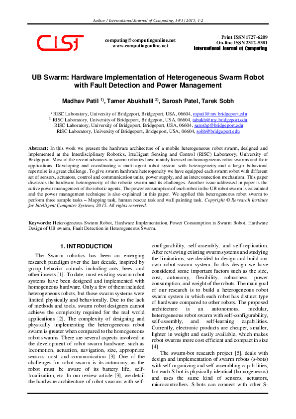 Pdf Ub Swarm Hardware Implementation Of Heterogeneous Swarm Robot