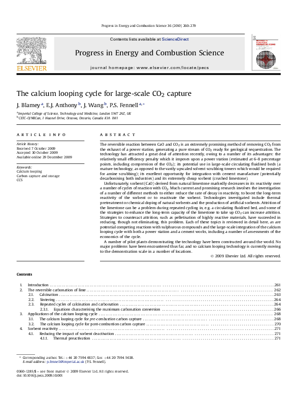 (PDF) The calcium looping cycle for large-scale CO2 capture