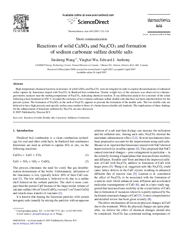 (PDF) Reactions of solid CaSO4 and Na2CO3 and formation of sodium ...