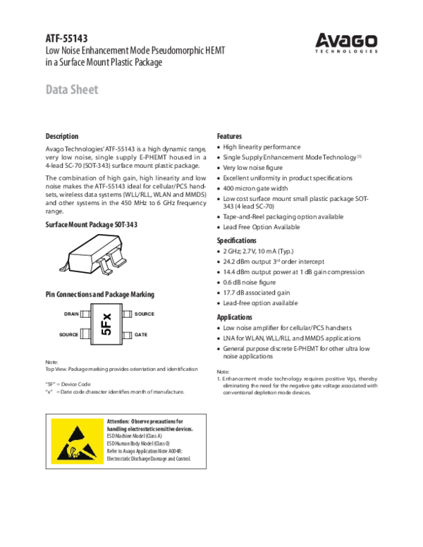 (PDF) ATF-55143 Low Noise Enhancement Mode Pseudomorphic HEMT in a Surface Mount Plastic Package