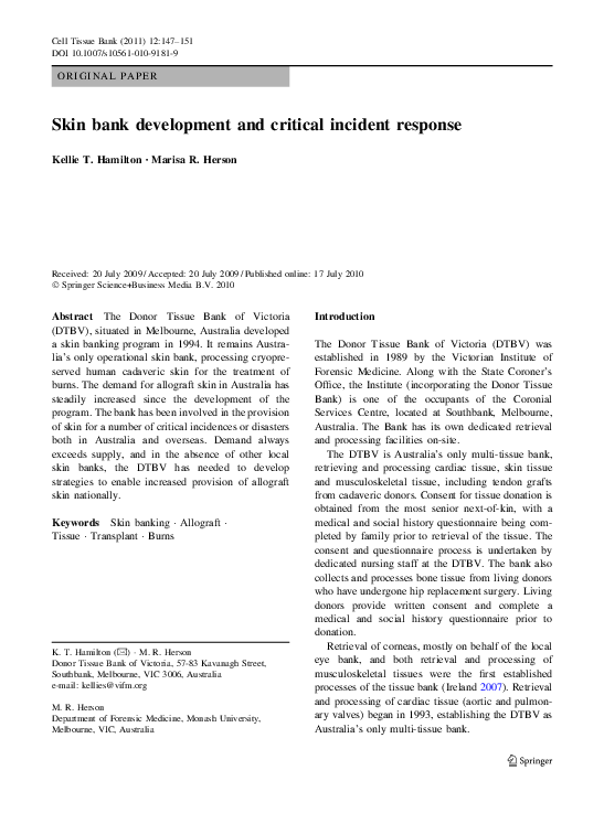 (PDF) Skin bank development and critical incident response