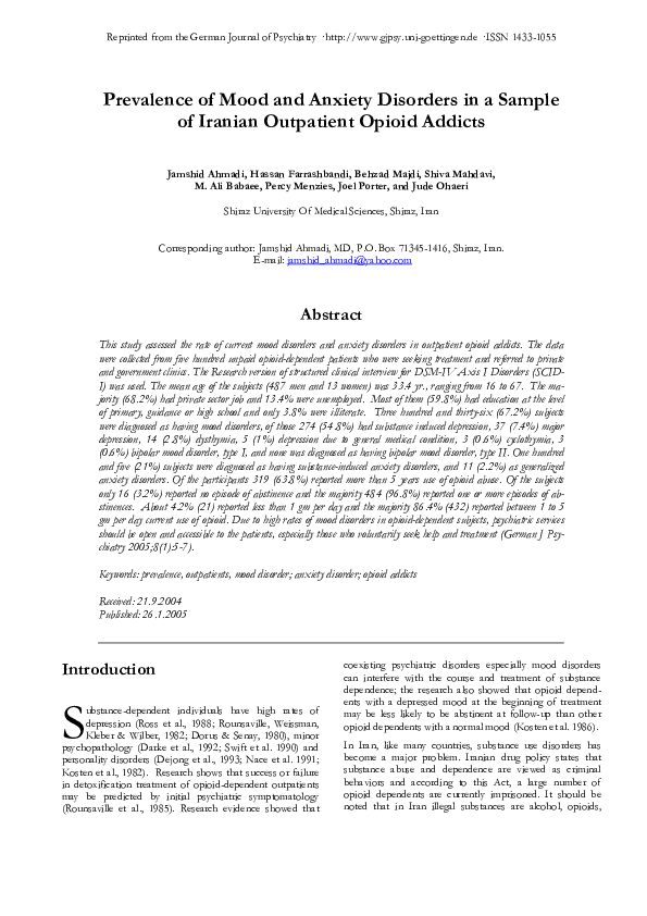 (PDF) Prevalence of mood and anxiety disorders in a sample of Iranian outpatient opioid addicts