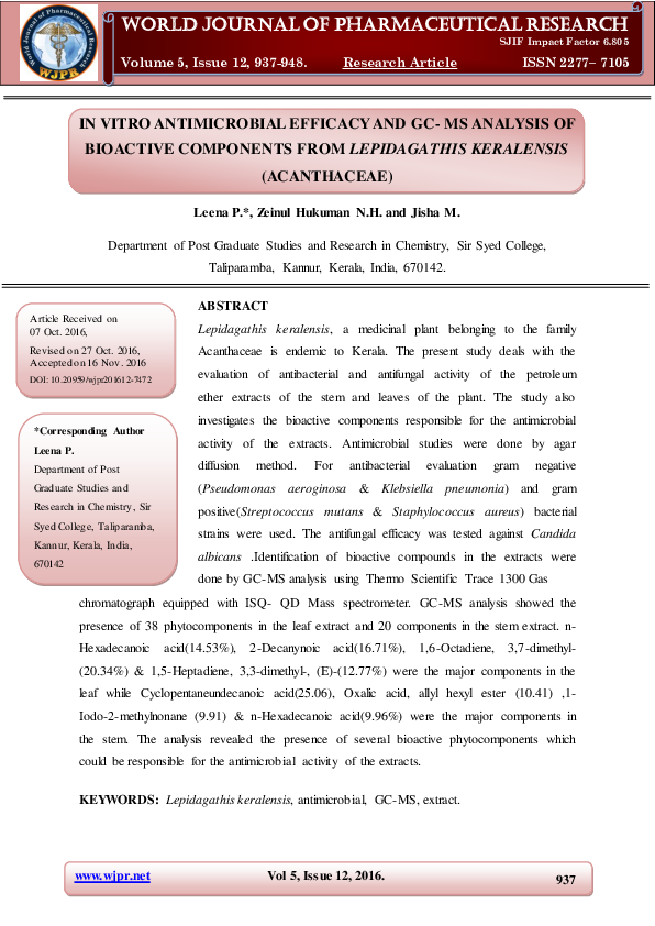 Pdf In Vitro Antimicrobial Efficacy And Gc Ms Analysis Of Bioactive