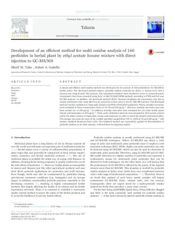 (PDF) Development of an efficient method for multi residue analysis of 160 pesticides in herbal ...