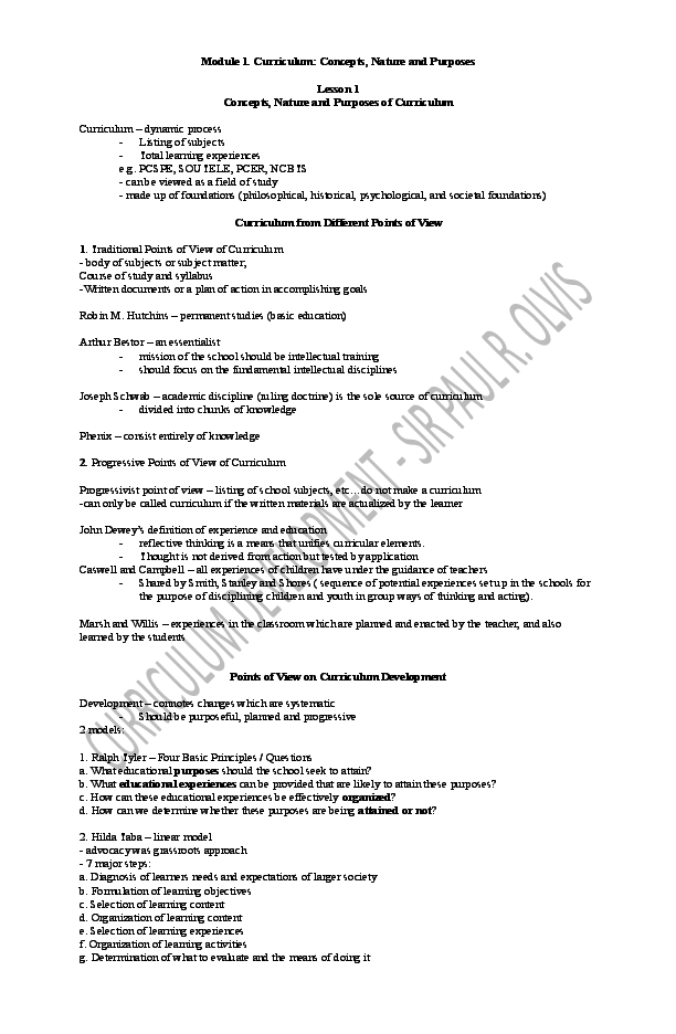 (DOC) Module 1. Curriculum: Concepts, Nature and Purposes Lesson 1 ...