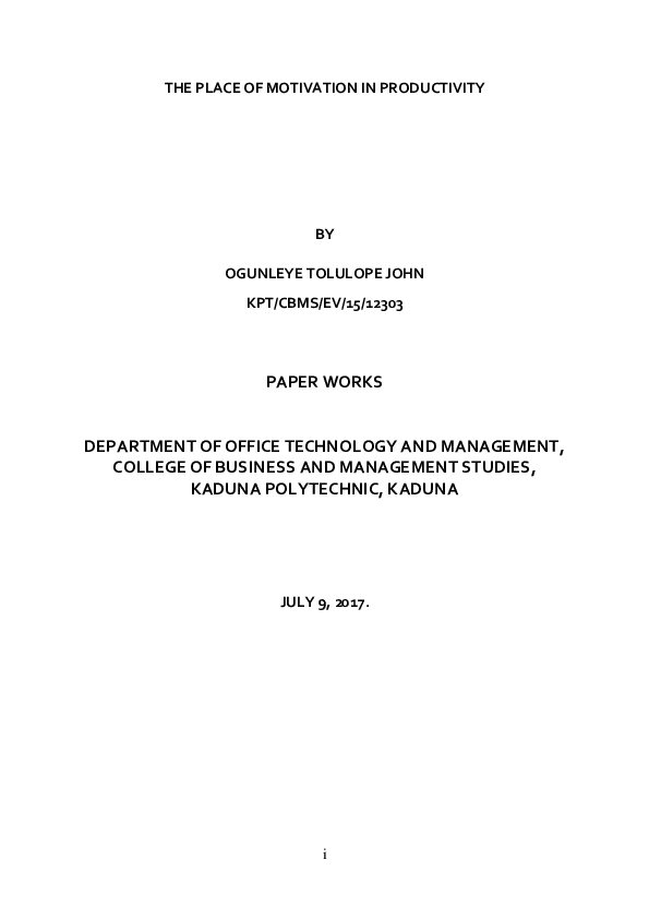(DOC) THE PLACE OF MOTIVATION IN PRODUCTIVITY PAPER WORKS DEPARTMENT OF ...