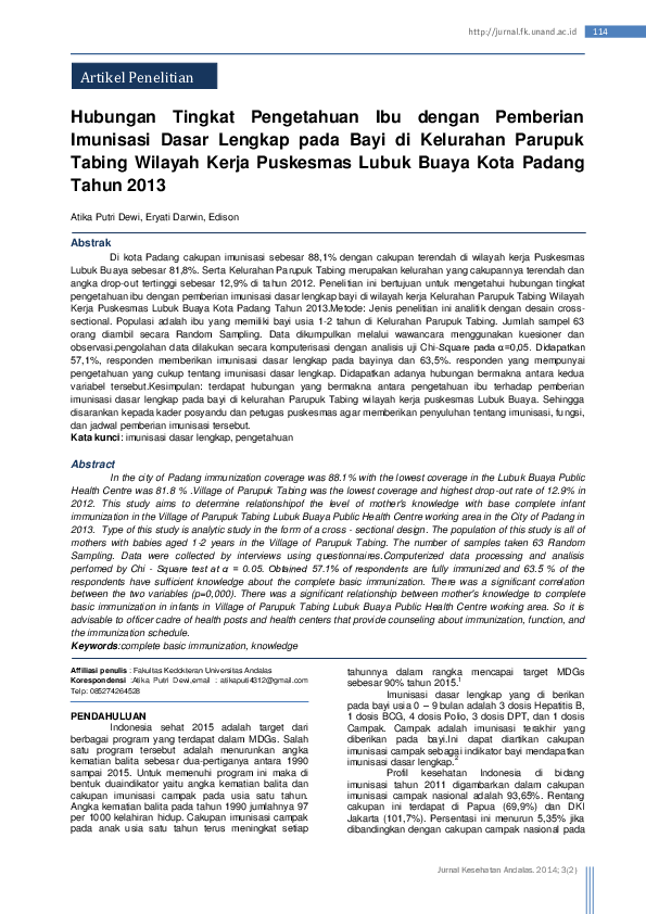 (PDF) Hubungan Tingkat Pengetahuan Ibu dengan Pemberian Imunisasi Dasar Lengkap pada Bayi di ...