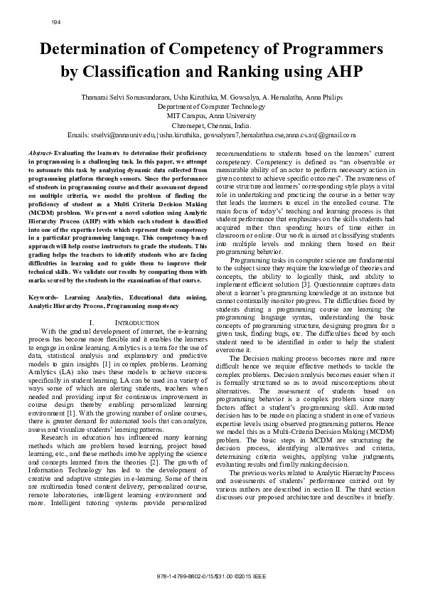 (PDF) Determination of Competency of Programmers by Classification and ...