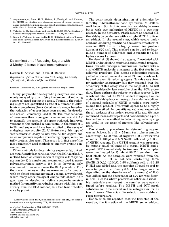 (PDF) Determination of Reducing Sugars with 3-Methyl-2-benzothiazolinonehydrazone