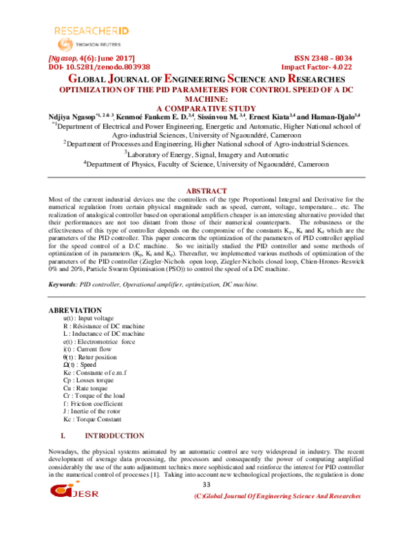 Optimization Of The Pid Parameters For Control Speed Of A Dc Machine A
