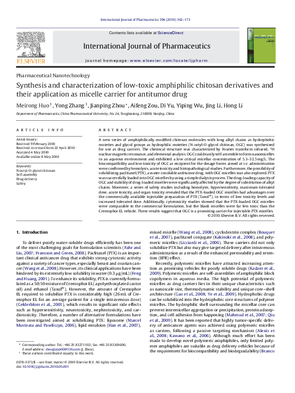 (PDF) Synthesis and characterization of low-toxic amphiphilic chitosan derivatives and their ...