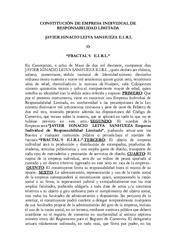 (DOC) CONSTITUCIÓN DE EMPRESA INDIVIDUAL DE RESPONSABILIDAD LIMITADA