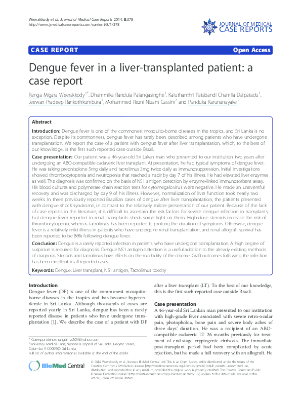 (PDF) Dengue fever in a liver-transplanted patient: a case report