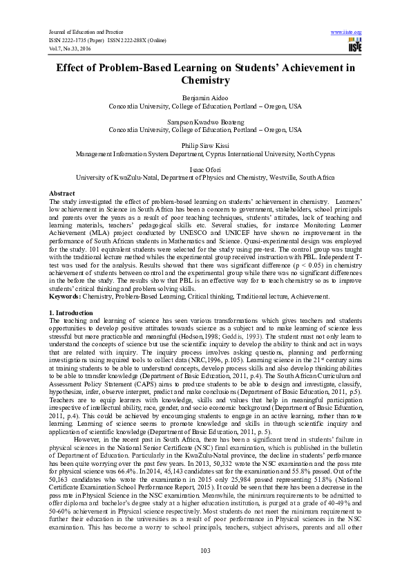 (PDF) Effect of Problem-Based Learning on Students' Achievement in ...