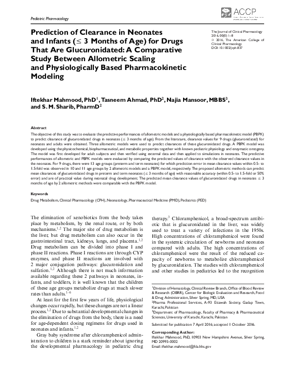 (PDF) Prediction of Clearance in Neonates and Infants ( 3 Months of Age ...