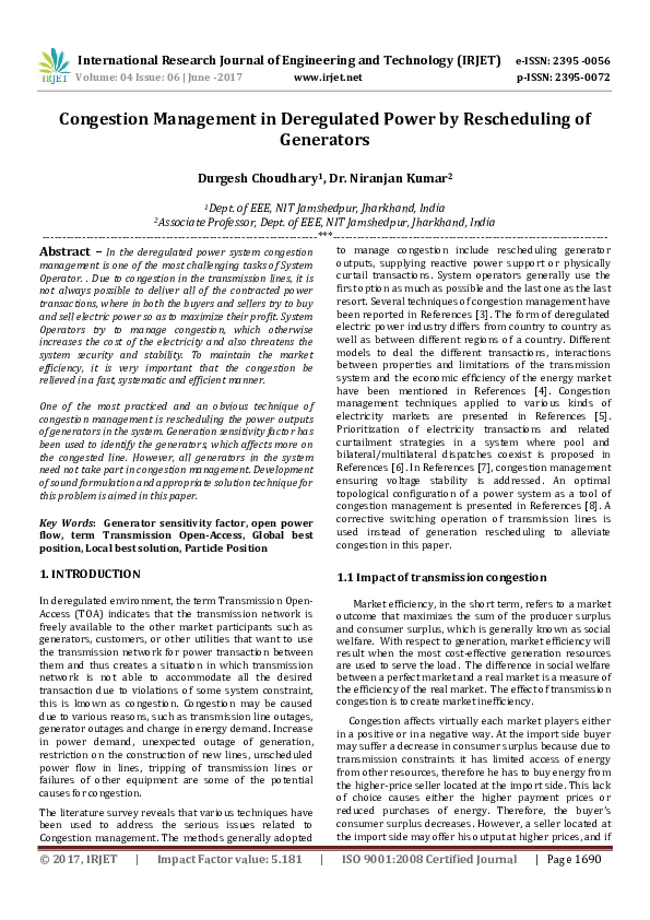 (PDF) Congestion Management in Deregulated Power by Rescheduling of Generators