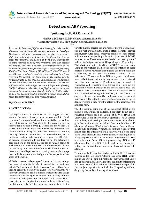 (PDF) Detection of ARP Spoofing
