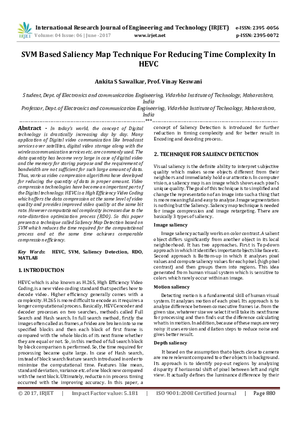 Pdf Svm Based Saliency Map Technique For Reducing Time Complexity In Hevc