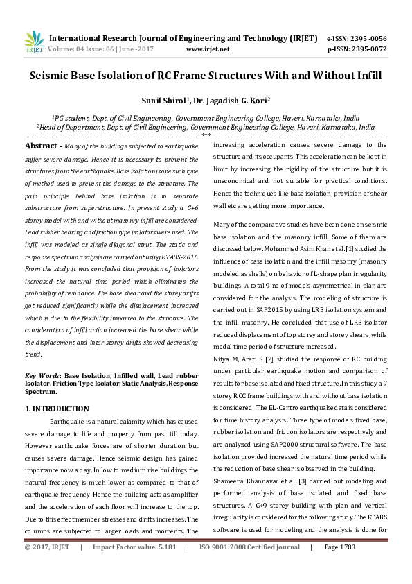 Pdf Seismic Base Isolation Of Rc Frame Structures With And Without Infill