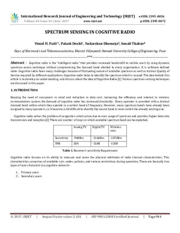 (PDF) SPECTRUM SENSING IN COGNITIVE RADIO