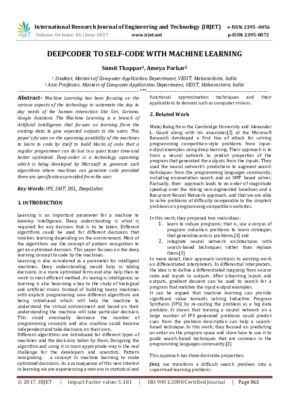 Pdf Deepcoder To Self Code With Machine Learning 0134