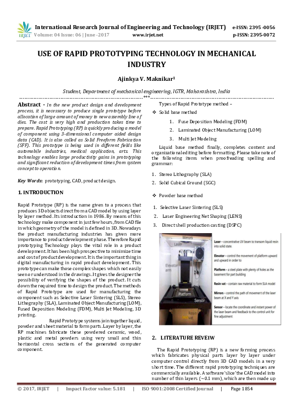 (PDF) USE OF RAPID PROTOTYPING TECHNOLOGY IN MECHANICAL INDUSTRY