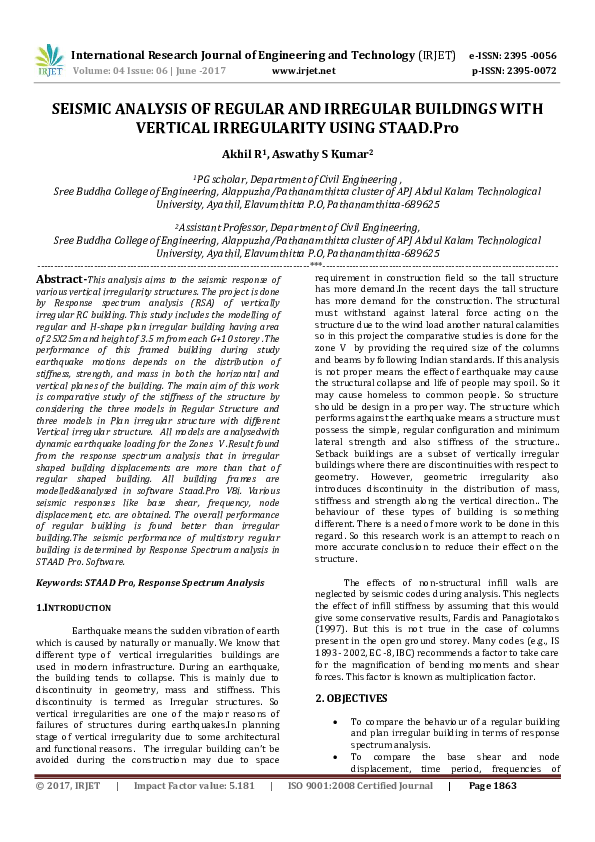 Pdf Seismic Analysis Of Regular And Irregular Buildings With Vertical Irregularity Using Staad Pro
