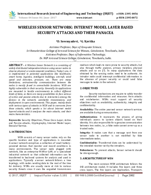 Pdf Wireless Sensor Network Internet Model Layer Based Security