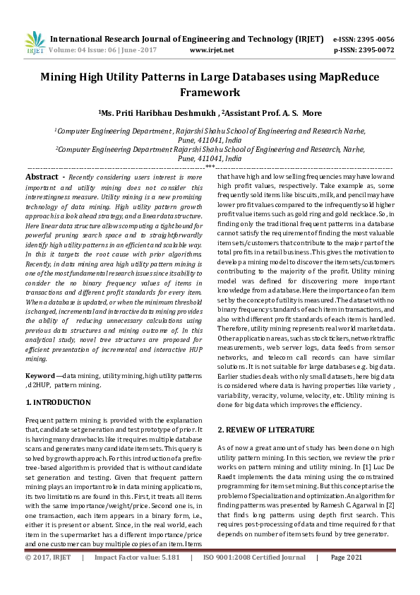 (PDF) Mining High Utility Patterns in Large Databases using MapReduce Framework