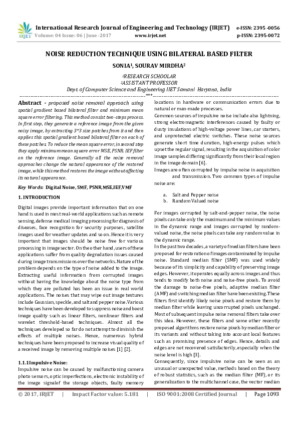 Pdf Noise Reduction Technique Using Bilateral Based Filter