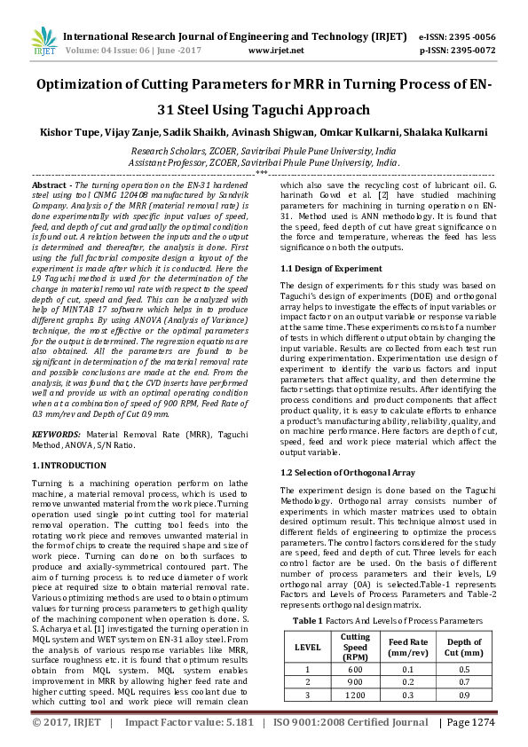 (PDF) Optimization of Cutting Parameters for MRR in Turning Process of EN- 31 Steel Using ...