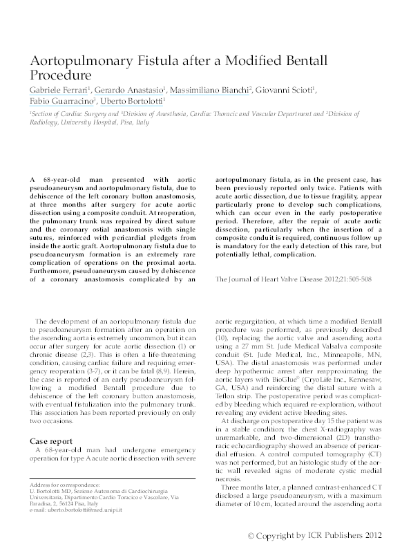 (PDF) Aortopulmonary fistula after a modified Bentall procedure