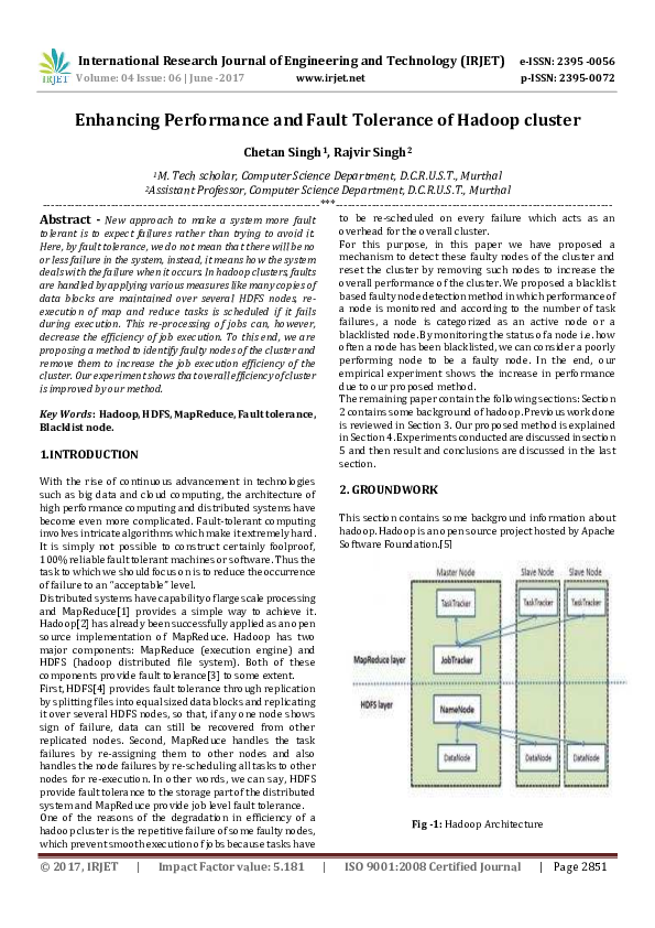 Pdf Enhancing Performance And Fault Tolerance Of Hadoop Cluster