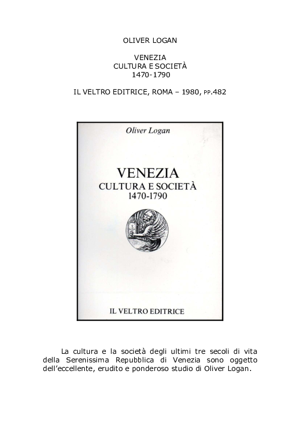 (PDF) OLIVER LOGAN - VENEZIA. CULTURA E SOCIETA' - 1470-1790 - IL ...