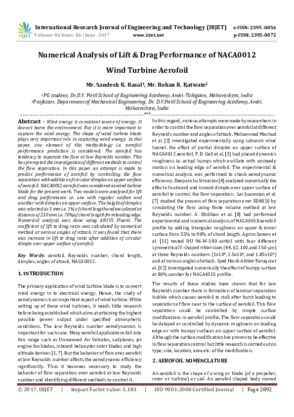 (PDF) Numerical Analysis of Lift & Drag Performance of NACA0012 Wind ...
