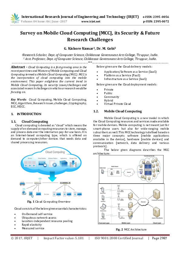 Pdf Survey On Mobile Cloud Computing [mcc] Its Security And Future Research Challenges