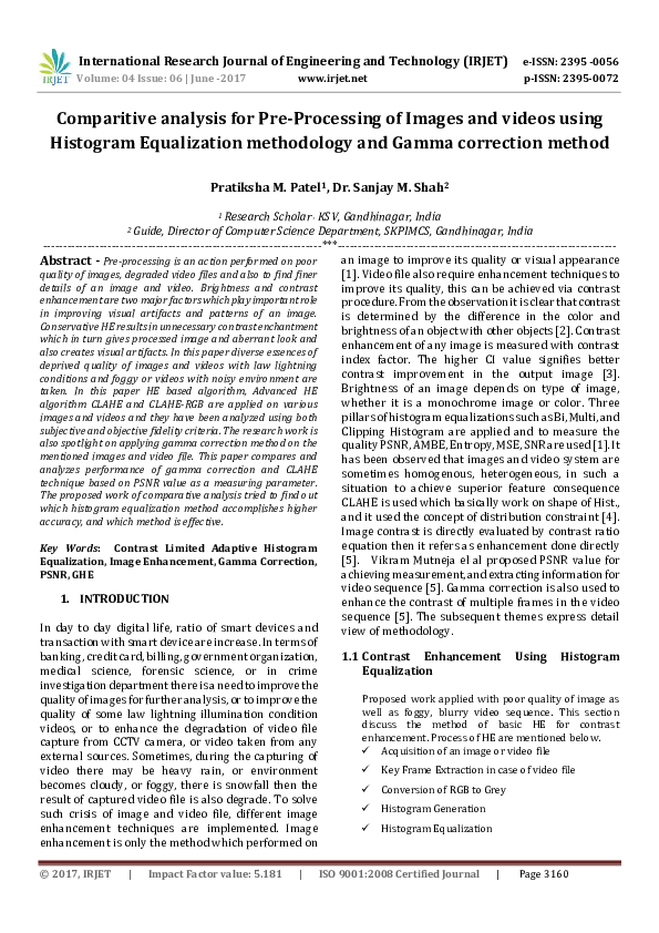 Pdf Comparitive Analysis For Pre Processing Of Images And Videos Using Histogram Equalization
