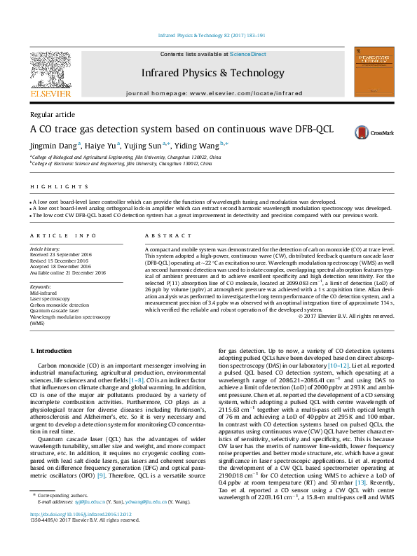 (PDF) A CO trace gas detection system based on continuous wave DFB-QCL