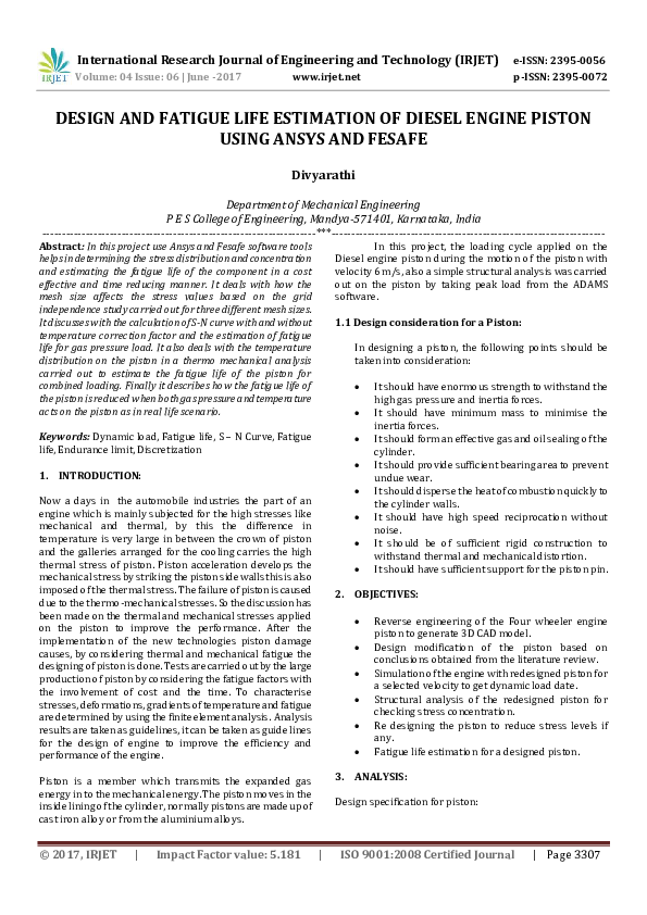 (PDF) DESIGN AND FATIGUE LIFE ESTIMATION OF DIESEL ENGINE PISTON USING ANSYS AND FESAFE