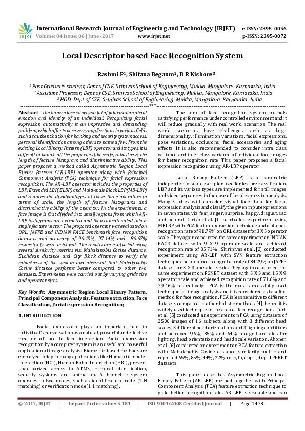 (PDF) Local Descriptor based Face Recognition System