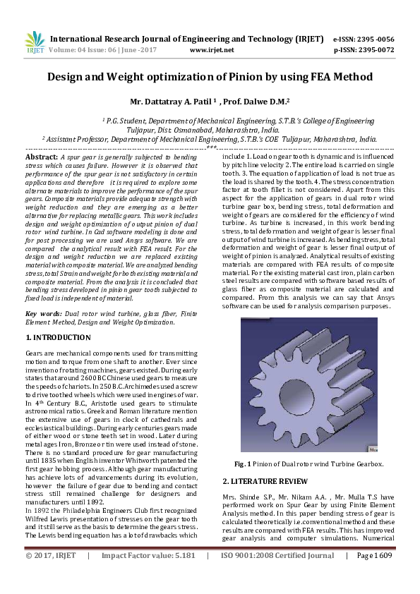 (PDF) Design and Weight optimization of Pinion by using FEA Method