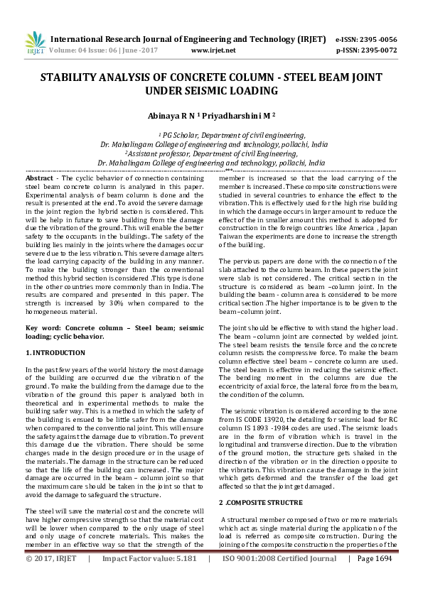 (PDF) STABILITY ANALYSIS OF CONCRETE COLUMN -STEEL BEAM JOINT UNDER ...