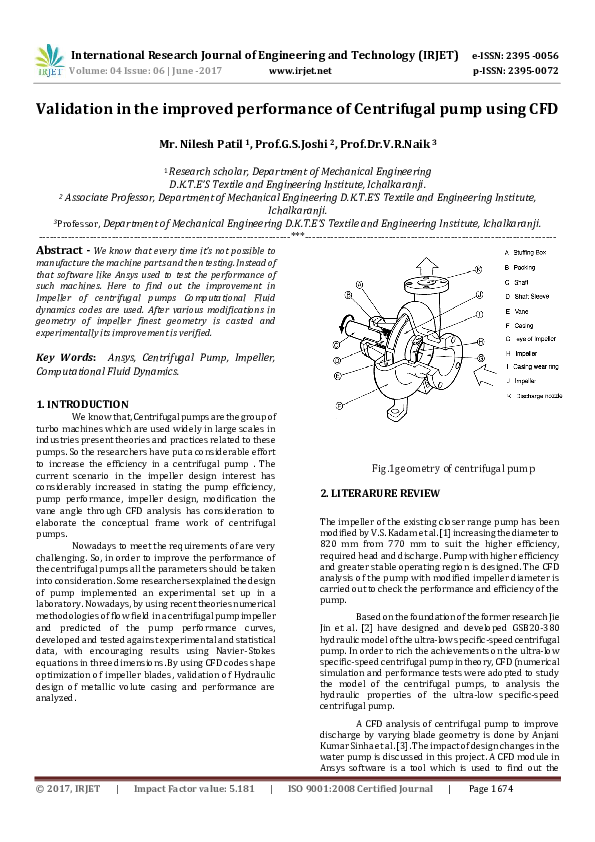 Pdf Validation In The Improved Performance Of Centrifugal Pump Using Cfd