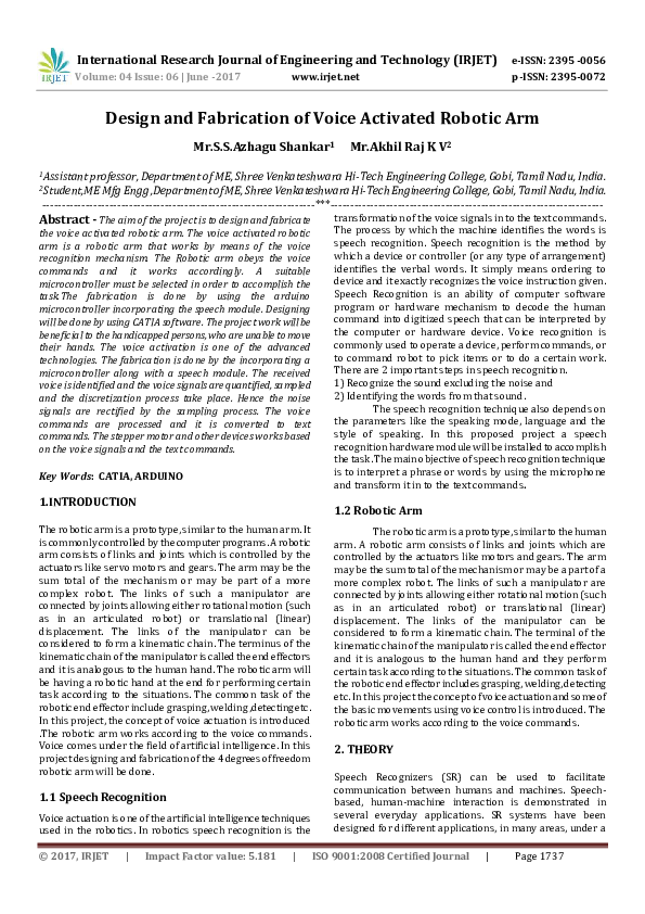 (PDF) Design and Fabrication of Voice Activated Robotic Arm