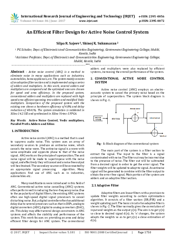 (PDF) An Efficient Filter Design for Active Noise Control System
