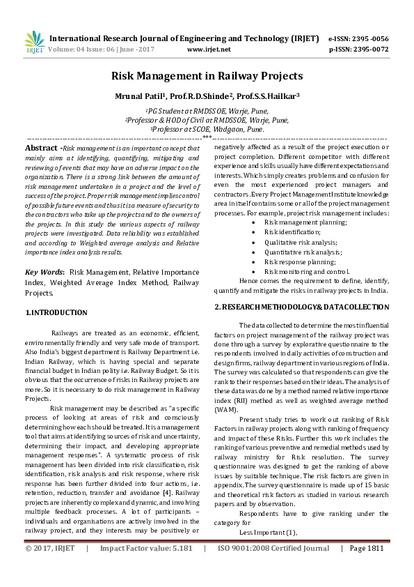 (PDF) Risk Management in Railway Projects