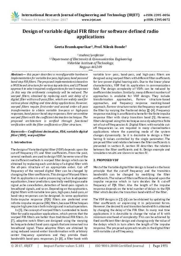 Pdf Design Of Variable Digital Fir Filter For Software Defined Radio Applications