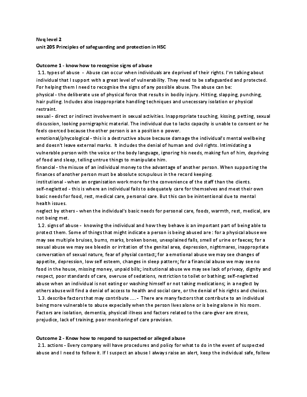 (DOC) Nvq level 2 unit 205 Principles of safeguarding and protection in HSC