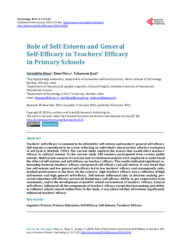 (PDF) Role of Self-Esteem and General Self-Efficacy in Teachers ...