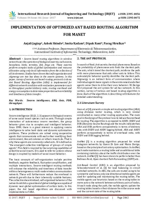 Pdf Implementation Of Optimized Ant Based Routing Algorithm For Manet